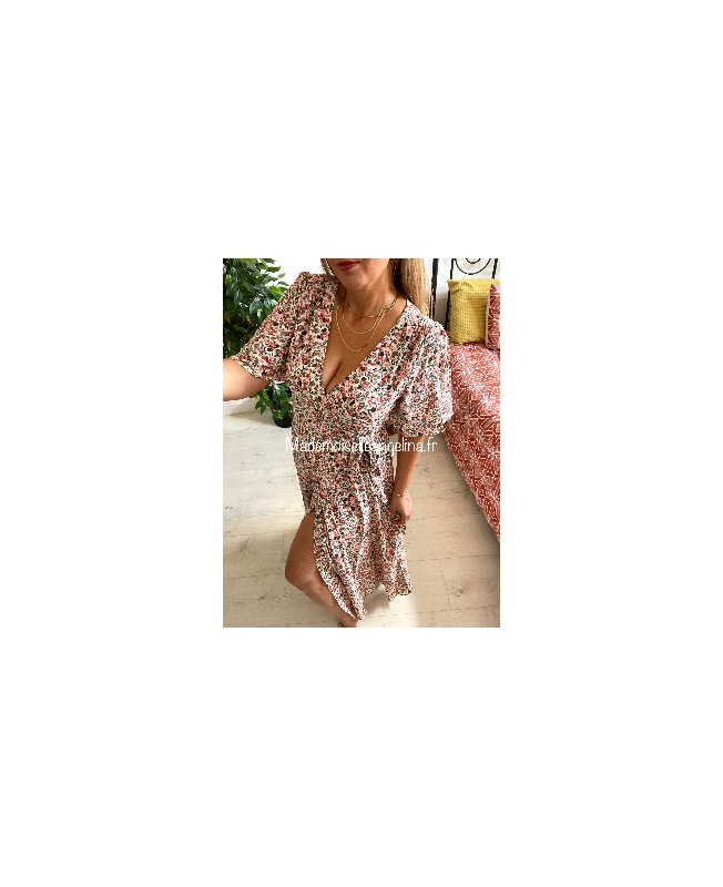 ROBE PORTE FEUILLE A MOTIF LIBERTY KAKI ET ROSE. EXPEDITION EN 48H.