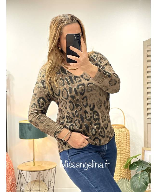 PULL FIN LEOPARD MARRON. MADE IN ITALY. EXPÉDITION EN 48H.
