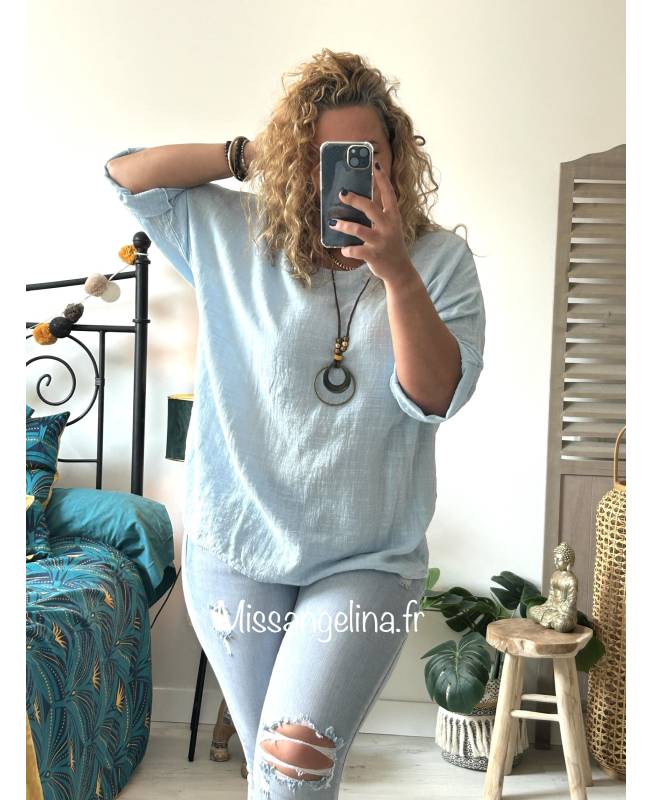 BLOUSE OVERSIZE AVEC COLLIER OFFERT BLEU CIEL - ENVOIE RAPIDE