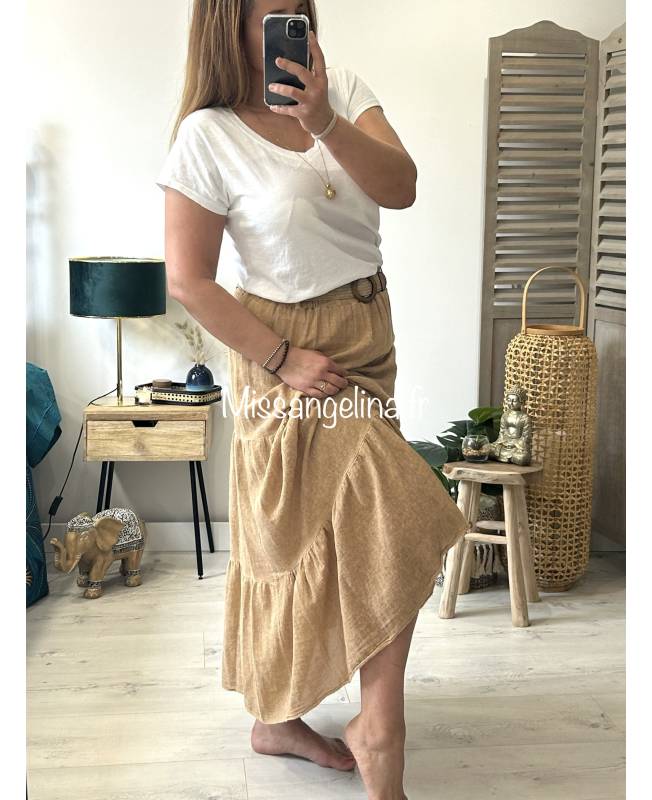 JUPE LONGUE ESPRIT JUPON ÉVASÉE EN LIN CAMEL AVEC CEINTURE - ENVOIS ...