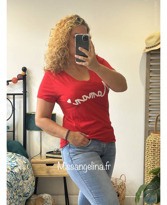 TEE-SHIRT ROUGE EN COTON MAMAN ET SON PETIT COEUR. ENVOI RAPIDE.