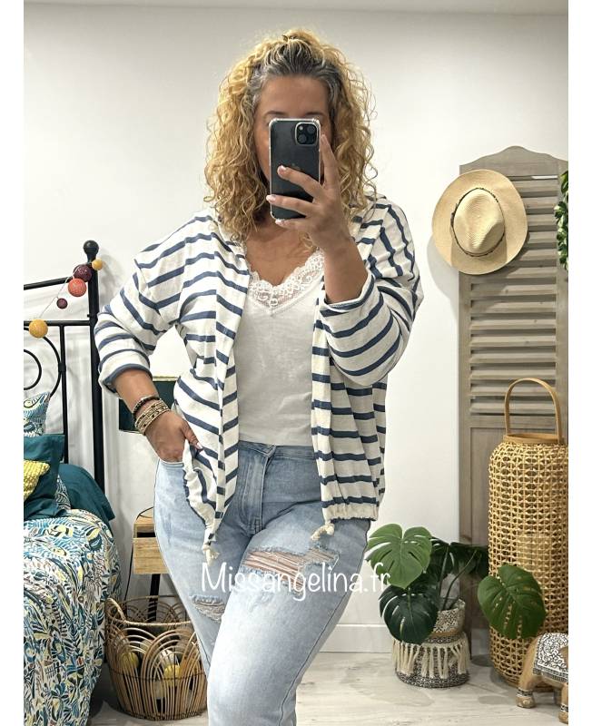 GILET SWEAT À CAPUCHE MARIN BLEU JEANS/BLANC. ENVOI RAPIDE.