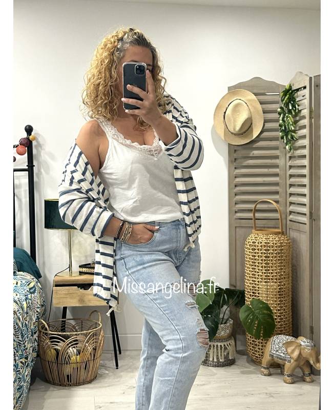 GILET SWEAT À CAPUCHE MARIN BLEU JEANS/BLANC. ENVOI RAPIDE.