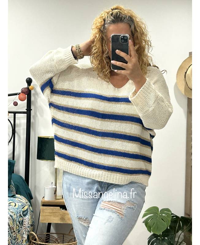 PULL RAYÉ EN MAILLE AJOURÉE EN COTON ITALIEN BLEU ELECTRIQUE. ENVOI RAPIDE.