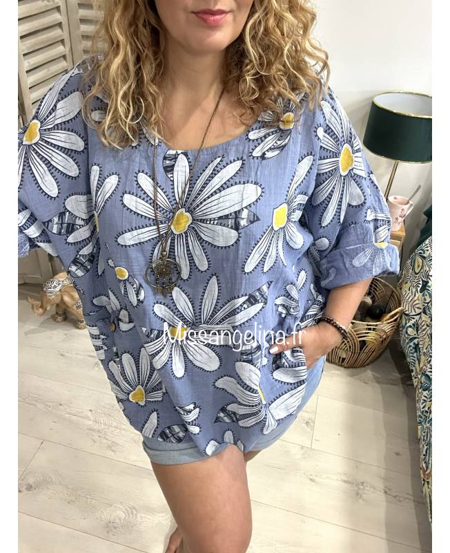 TUNIQUE OVERSIZE AUX MOTIFS FLEURIS BLEU JEANS. ENVOI RAPIDE.