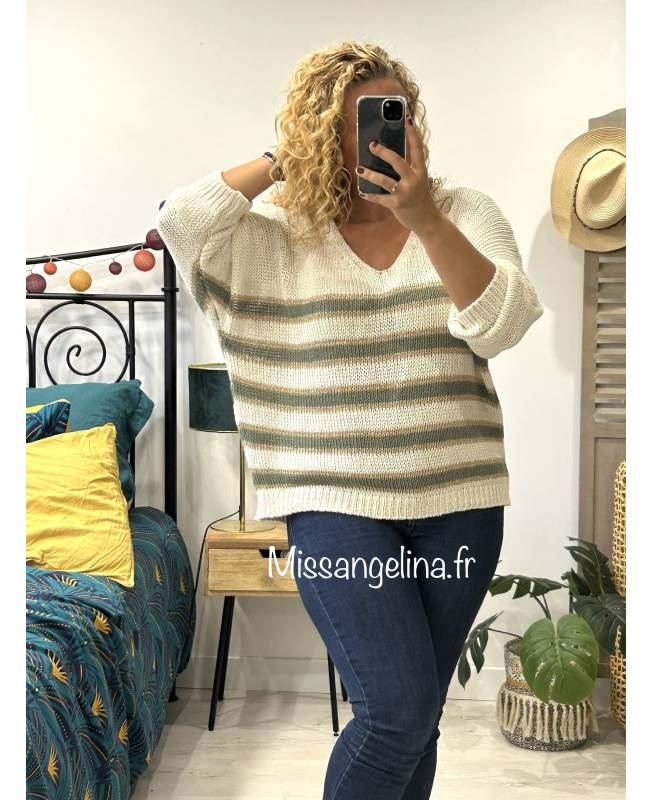 PULL RAYÉ EN MAILLE AJOURÉE EN COTON ITALIEN KAKI. ENVOI RAPIDE.
