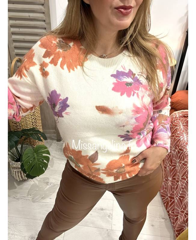 PULL AU MOTIF FLORAL ORANGE ET MARRON. EXPÉDITION EN 48H.