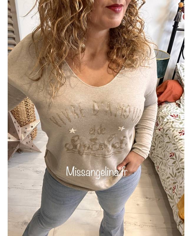 PULL FIN VIVRE D'AMOUR ET DE CHOCOLAT - BEIGE. ENVOI RAPIDE.