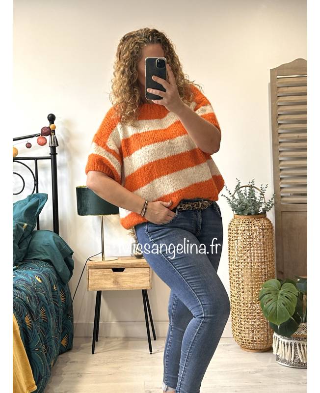 PULL ORANGE ET BEIGE MANCHES COURTES EN GROSSE MAILLES. ENVOI RAPIDE.