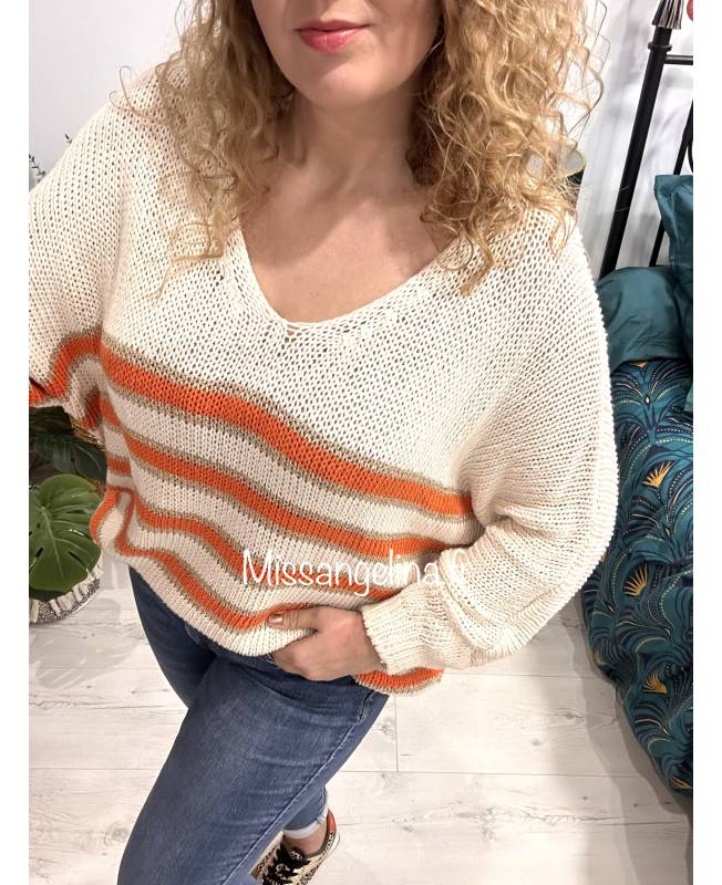 PULL RAYÉ EN MAILLE AJOURÉE EN COTON ITALIEN ORANGE. ENVOI RAPIDE.