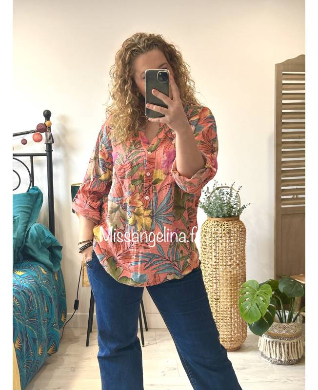 BLOUSE FEMME EN LIN AU MOTIF TROPICAL DANS LES TONS CORAIL. ENVOI RAPIDE.