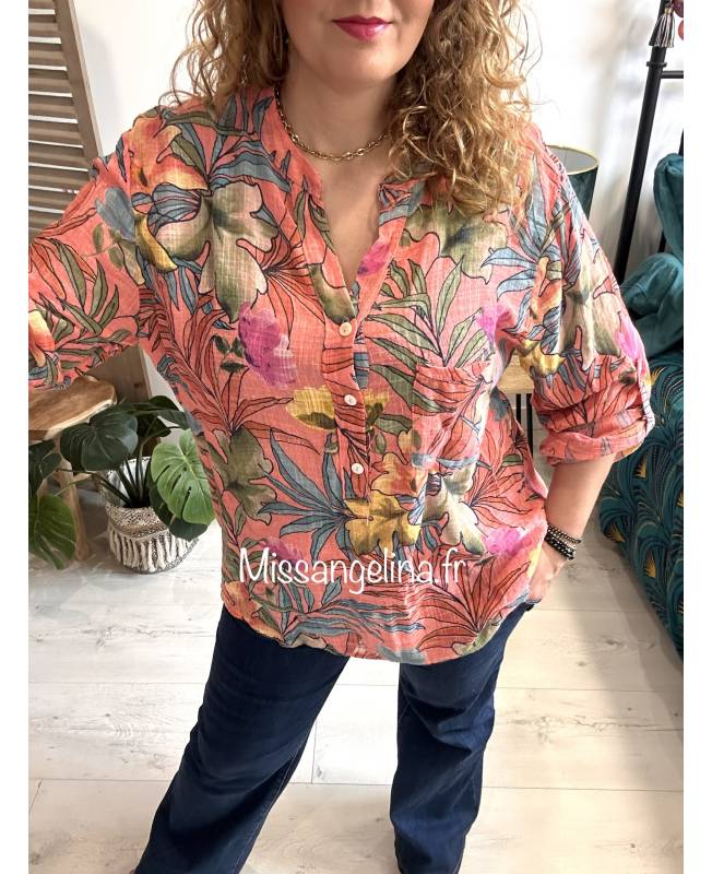 BLOUSE FEMME EN LIN AU MOTIF TROPICAL DANS LES TONS CORAIL. ENVOI RAPIDE.
