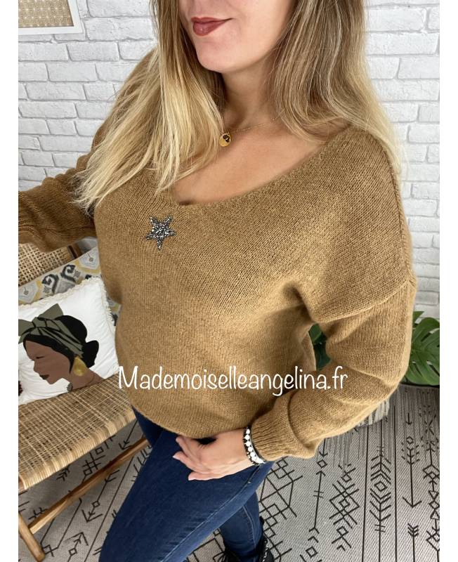 PULL LOOSE PETITE ÉTOILE CAMEL, MADE IN ITALY. EXPÉDITION EN 48H.