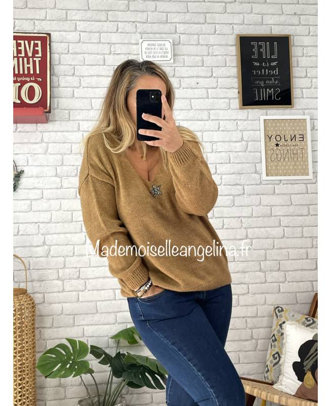 PULL LOOSE PETITE ÉTOILE CAMEL, MADE IN ITALY. EXPÉDITION EN 48H.