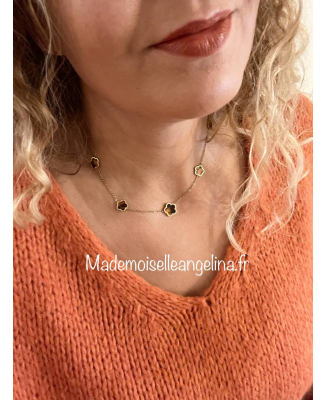 COLLIER FLEURS MARRON EN ACIER INOXYDABLE. EXPÉDITION EN 48H.