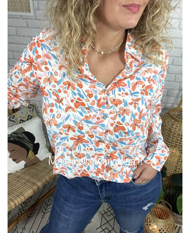 CHEMISE FEMME IMPRIMÉ FLEURIE CORAIL ET TURQUOISE. EXPÉDITION EN 48H.