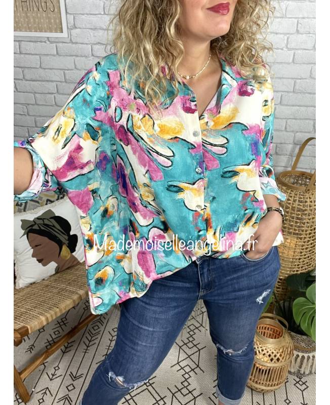 CHEMISE IMPRIMÉ FLEURIE CORAIL ET TURQUOISE. EXPÉDITION EN 48H.