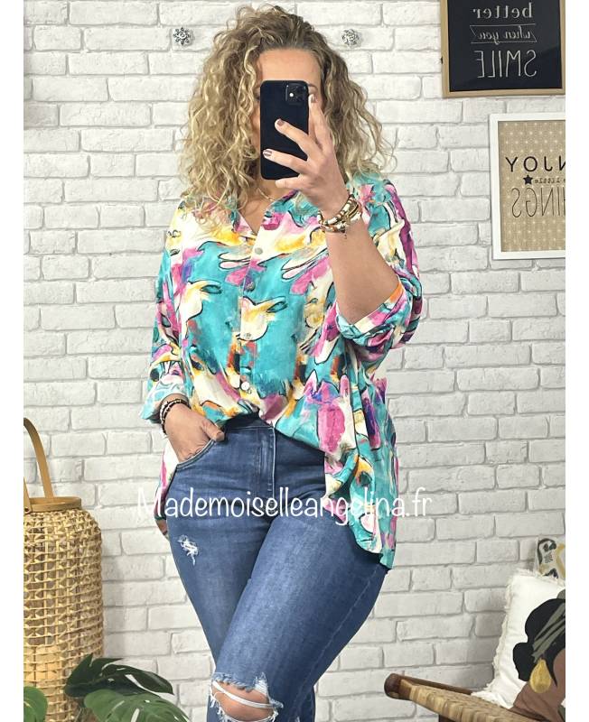 CHEMISE IMPRIMÉ FLEURIE CORAIL ET TURQUOISE. EXPÉDITION EN 48H.