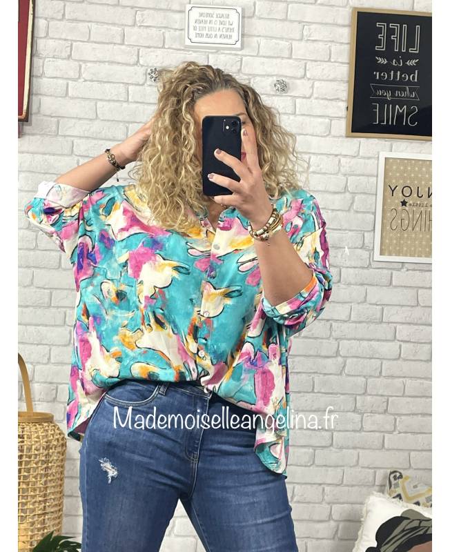 CHEMISE IMPRIMÉ FLEURIE CORAIL ET TURQUOISE. EXPÉDITION EN 48H.